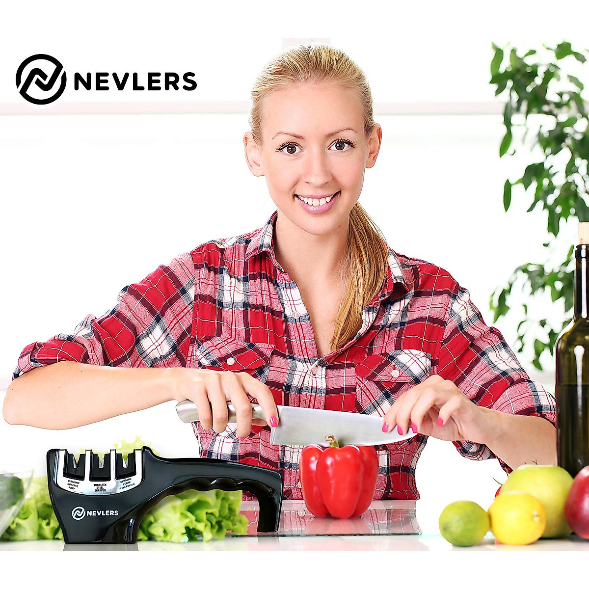 Nevlers 3 in 1 Kitchen Knife Sharpener with Cut Resistant Gloves | Knife Sharpeners for Kitchen Knives Preps, Repairs, Sharpens | Blade Sharpener with Diamond, Ceramic & Tungsten Steel Slots (Black)
