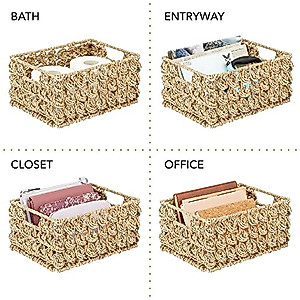 mDesign Seagrass Rose Weave Household Basket with Built-in Handles for Storage in Bedroom, Bathroom, Office - Hold Clothes, Blankets, Linens, Accessories, 3 Pack - Natural/Tan