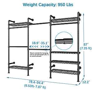 Timate F3 Garment Rack Heavy Duty Clothes Rack for Hanging Clothes, Expandable Industrial Pipe Wall Mounted Clothing Rack, Adjustable Storage Closet Wardrobe Closet Kit Walk in Closet Systems, Black