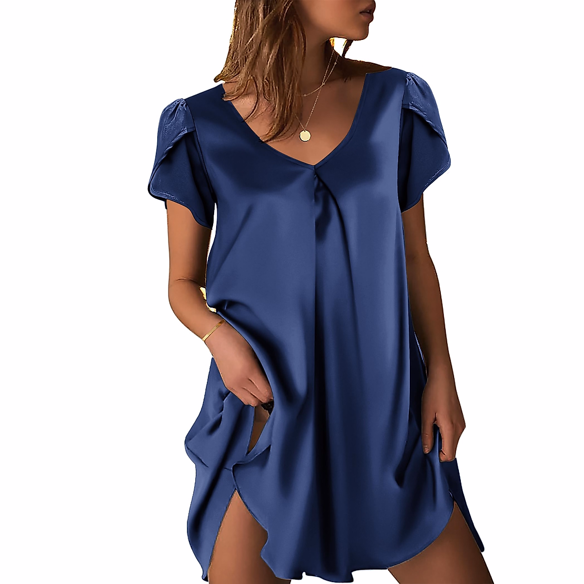 Ekouaer Women's Satin Nightgown Short Sleeve Sleepdress V-Neck Sleepwear Loose Silk Sleepshirt(Navy Blue,XL)