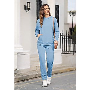 Fixmatti Women Jogger Outfit Sweatsuit 2 Piece Long Sleeve Hooded and Pant Set Tracksuit Blue L