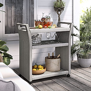 PayLessHere Outdoor PE Wicker Side Table Patio Coffee Table, Wicker Rattan Porch Coffee Table with Storage Shelf, Aluminum Frame, Gray