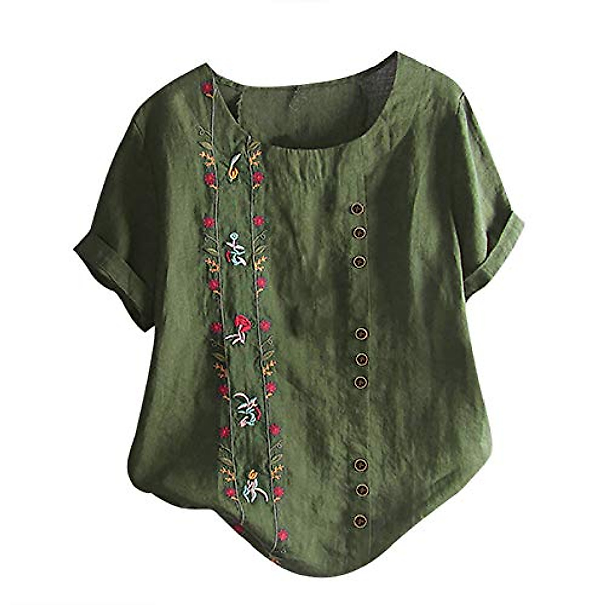 Women Tops Short Sleeve Plus Size Tops for Women Dressy 3/4 Sleeve Womens Smocked Cuffs Shirts Split V Neck Tunic Tops to Wear with Leggings Army Green