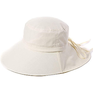 Packable Summer Flap Cover Cap Cotton UPF 50+ Sun Shade Hat with Neck Cord Wide Brim for Women Beige Medium 56-57cm