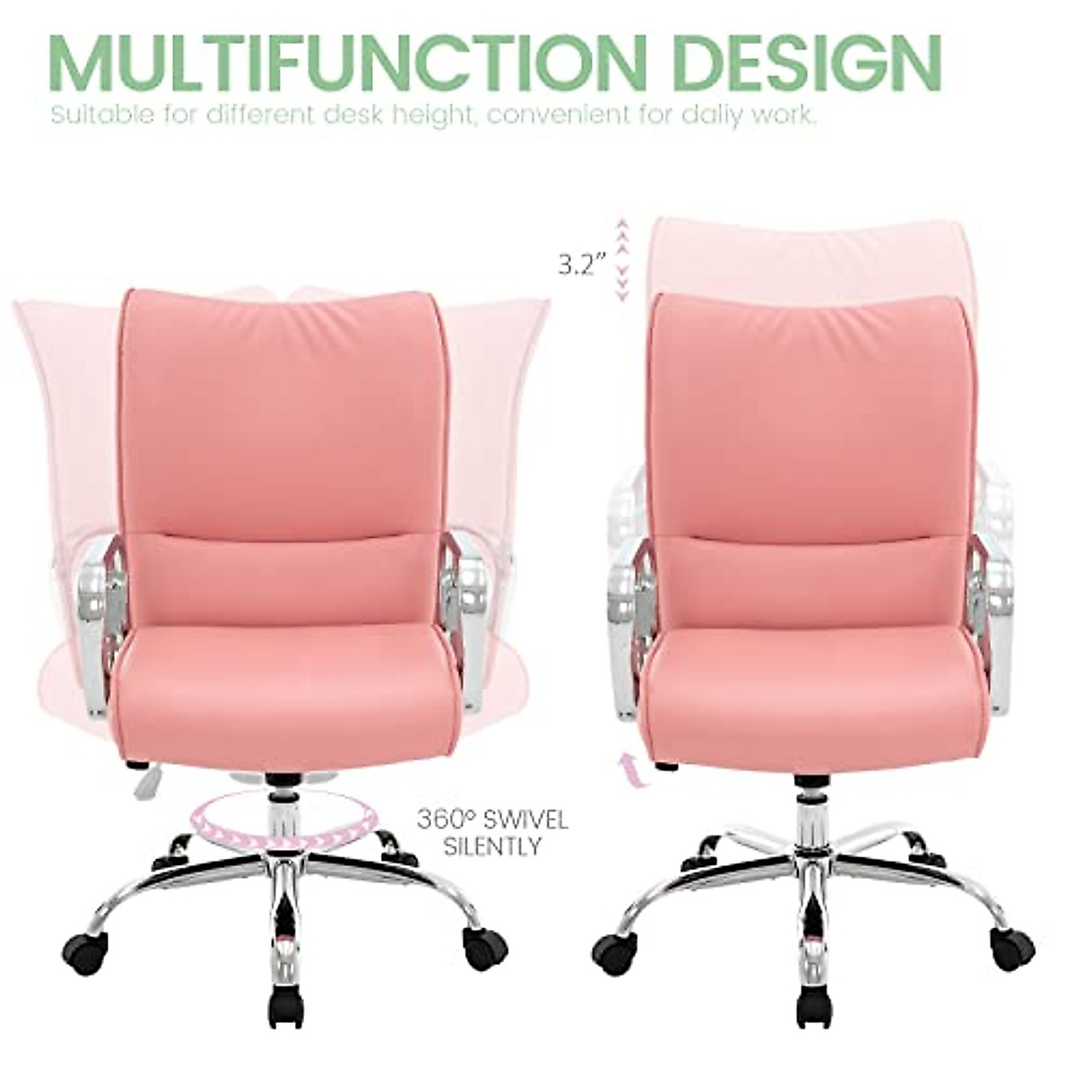 MFD LIVING Home Office Chair, Modern Upholstered Mid-Back PU Leather Task Desk Chair with Arms, Adjustable Rocking Swivel Computer Chair with Wheels (Pink)
