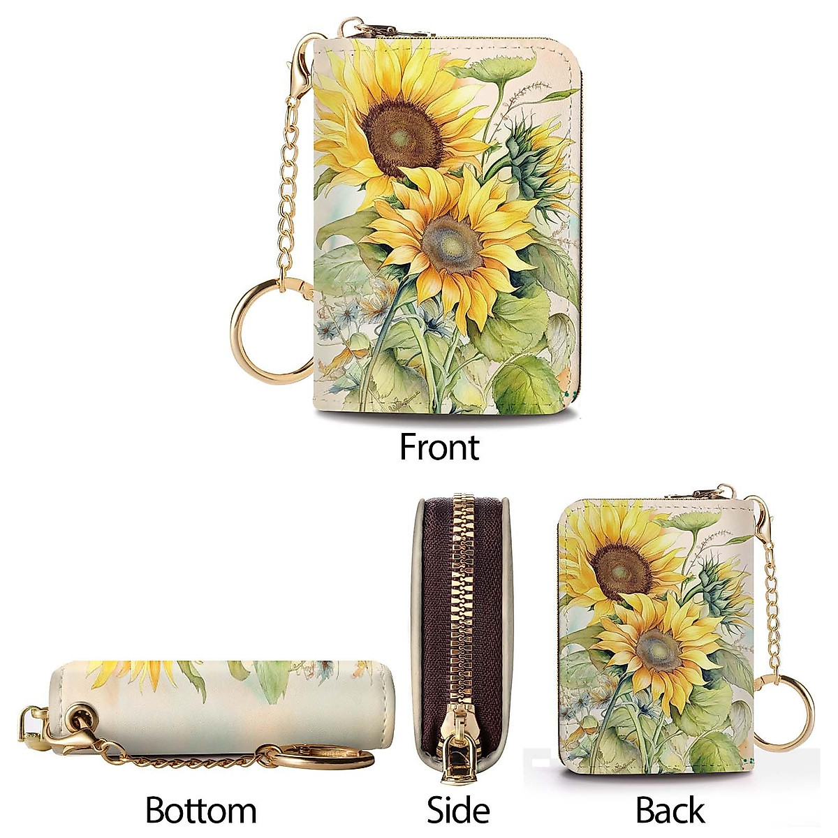 Yonlevres Credit Card Holder RFID Wallet, Sunflower Small Card Holder Wallet for Women with Keychain Zipper, Cute Leather Floral Credit Card Case Organizer Accordion Gift