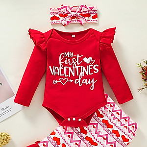 GRNSHTS Baby Girl My First Valentine's Day Clothes Long Sleeve Ruffle Romper Bell-Bottomed Pants 3Pcs Love Heart Outfits(Red,6-9M)