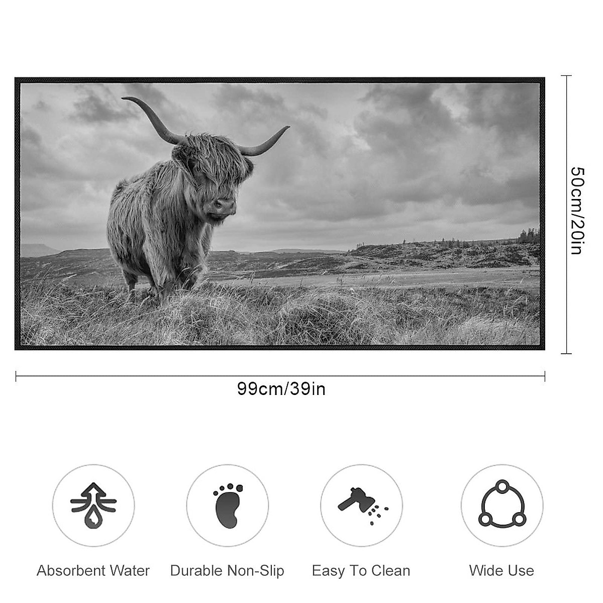 MoBlinko Highland Cow Kitchen Rugs Scotland Cattle Non Skid Bath Mat 39x 20 Inch Washable Standing Floor Mat Runner Carpet for Bathroom Home Office Farmhouse Laundry