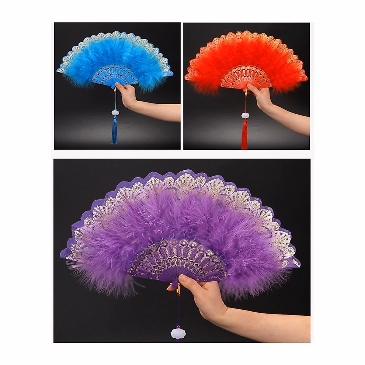 IXOUP Feather Fan Dance Cheongsam Catwalk Folding Fan Hanfu Lace Fan Ancient Style Black Female Dance Fan (Color : Small)