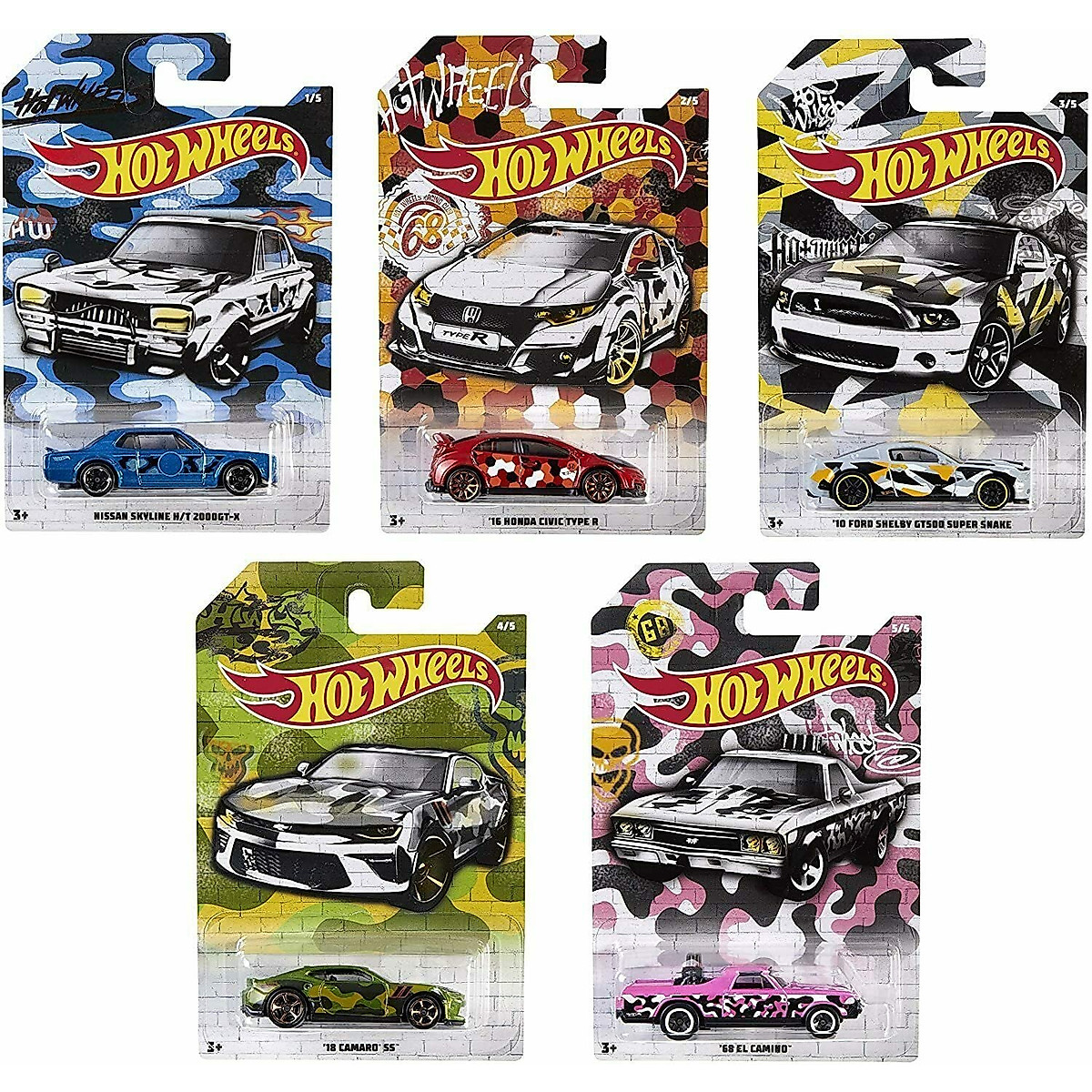 Hot Wheels 2019 Urban Camo Camouflage Series Complete Set of 5 Diecast Vehicles Bundle