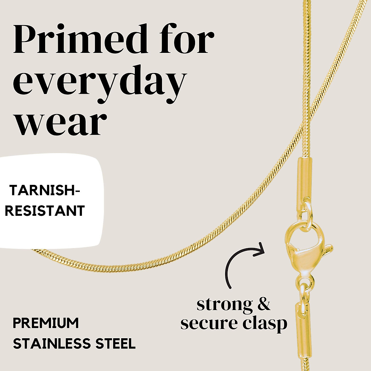 KISPER 24k Gold Snake Chain Necklace – Thin, Dainty, Gold Plated Stainless Steel Jewelry for Women & Men with Lobster Clasp, 20”