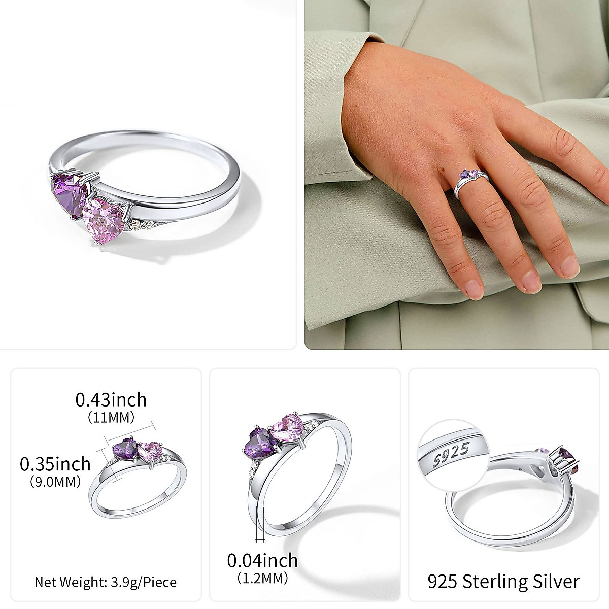 ChicSilver Personalized Mothers Ring 925 Sterling Silver Heart Simulated Birthstones Promise Rings for Women Custom Name Family Ring for Grandma Mom Bridal Engagement Wedding Ring Band (2 Stones)