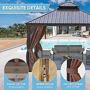 12x12FT Patio Gazebo, Outdoor Wood Grain Frame Aluminum Gazebo with Steel Canopy, Permanent Hardtop Gazebo Canopy with Net and Sidewalls for Patio, Garden, Backyard, Lawns, Deck, Parties