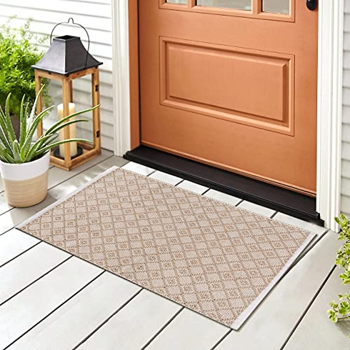 THE BEER VALLEY Diamond Woven Rug 2'x3' - Beige, Anti-Slip Farmhouse Accent Cotton Rugs for Entryway Kitchen Bedroom Bathroom - 24x36 Inches
