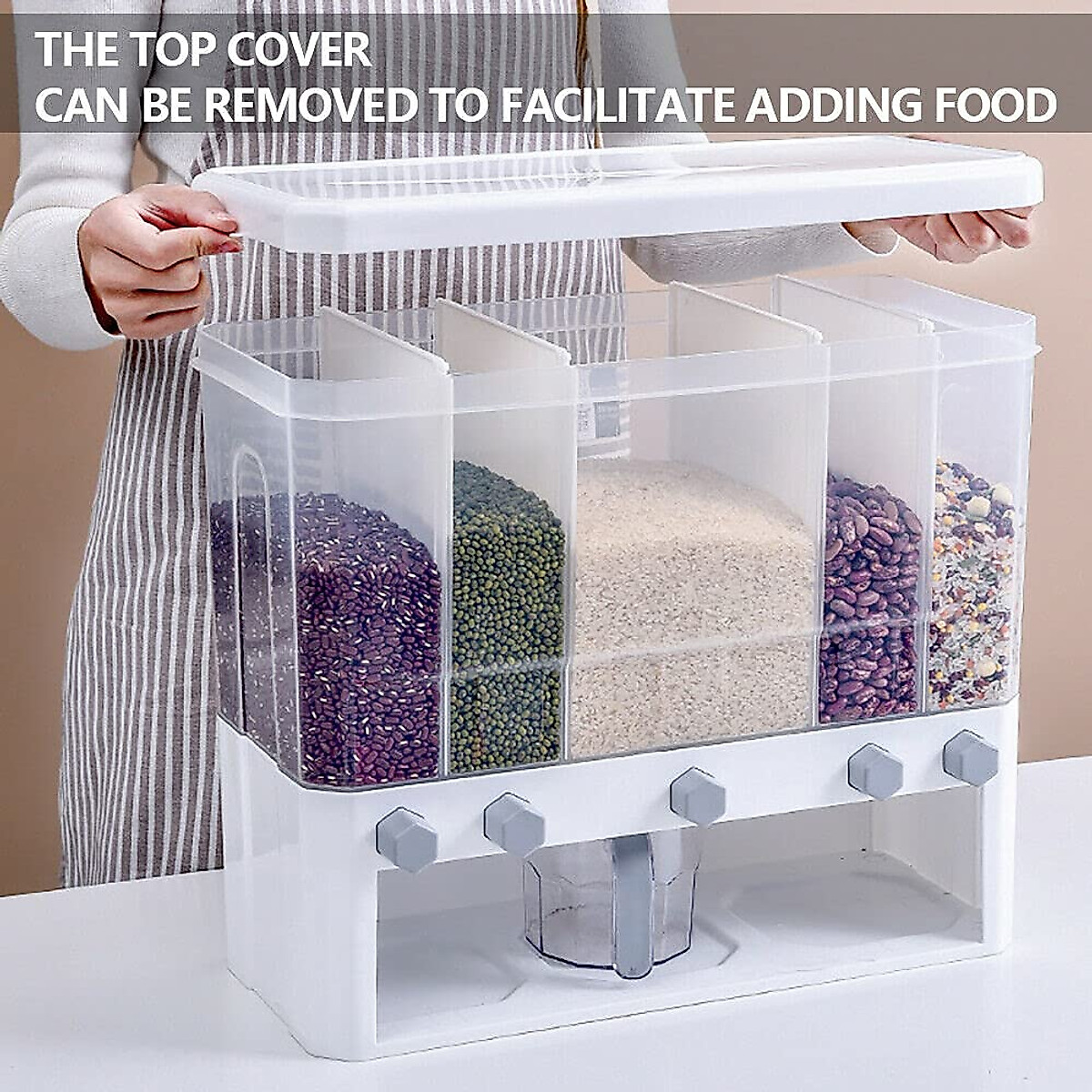 DYRABREST Dry Food Dispensers, 5-Grid Rice Dispensers, 33 Lbs Capacity Wall Mounted Grain Dispenser Food Storage Container/Rice Storage Container with Cup and Removable Dividers for Kitchen Storage