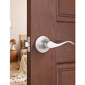 Mengico 1 Pack Satin Nickel Modern Interior Passage Door Knobs, Keyless Door Handle for Hallway & Closet, Wave Style Non-Locking Door Lever Reversible for Left & Right Handed
