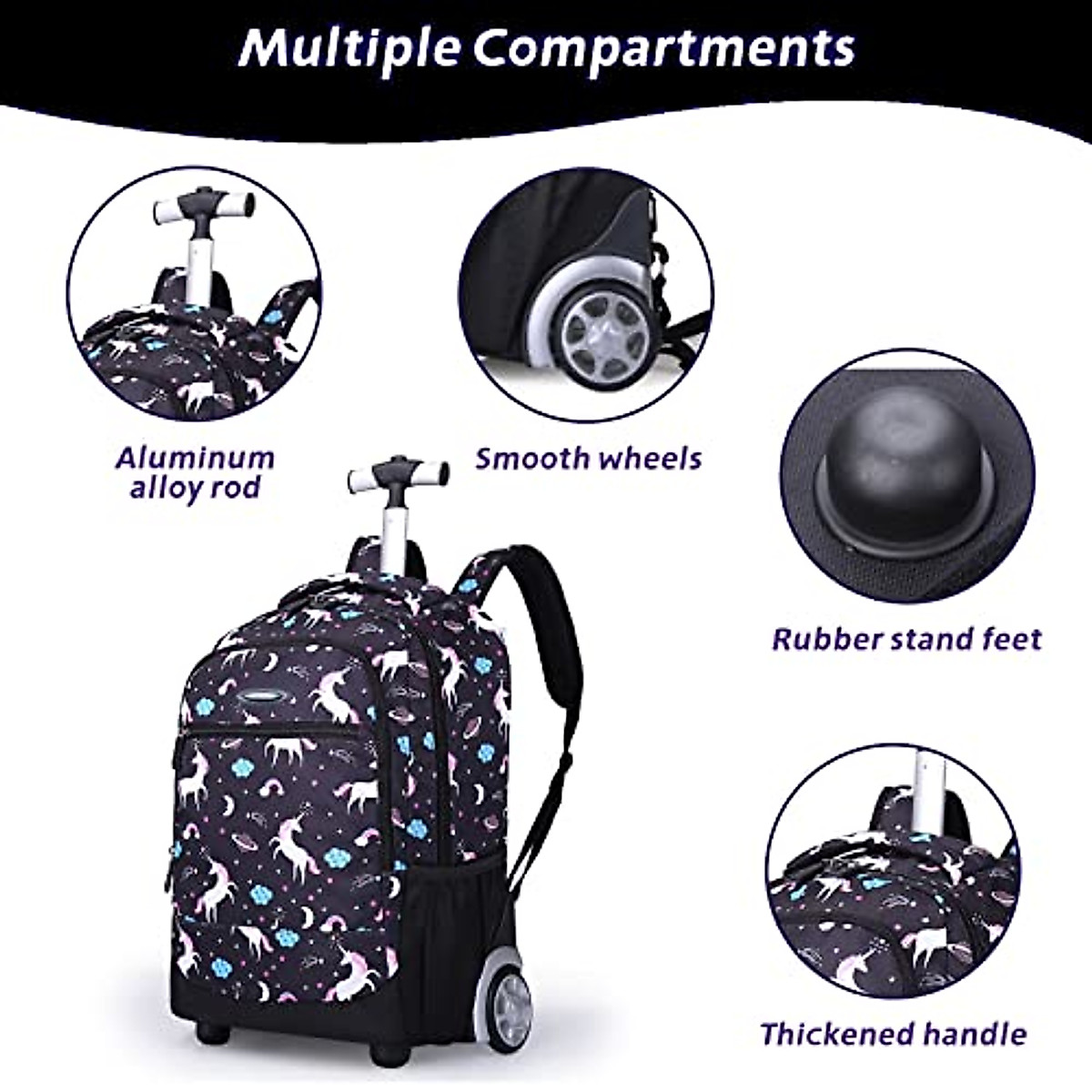 Tanou Rolling Backpack for Kids Adults, 18" Waterproof Backpack with Wheels for Girls Boys, Roller Bookbags for School Travel, Age 7+, Black Horse