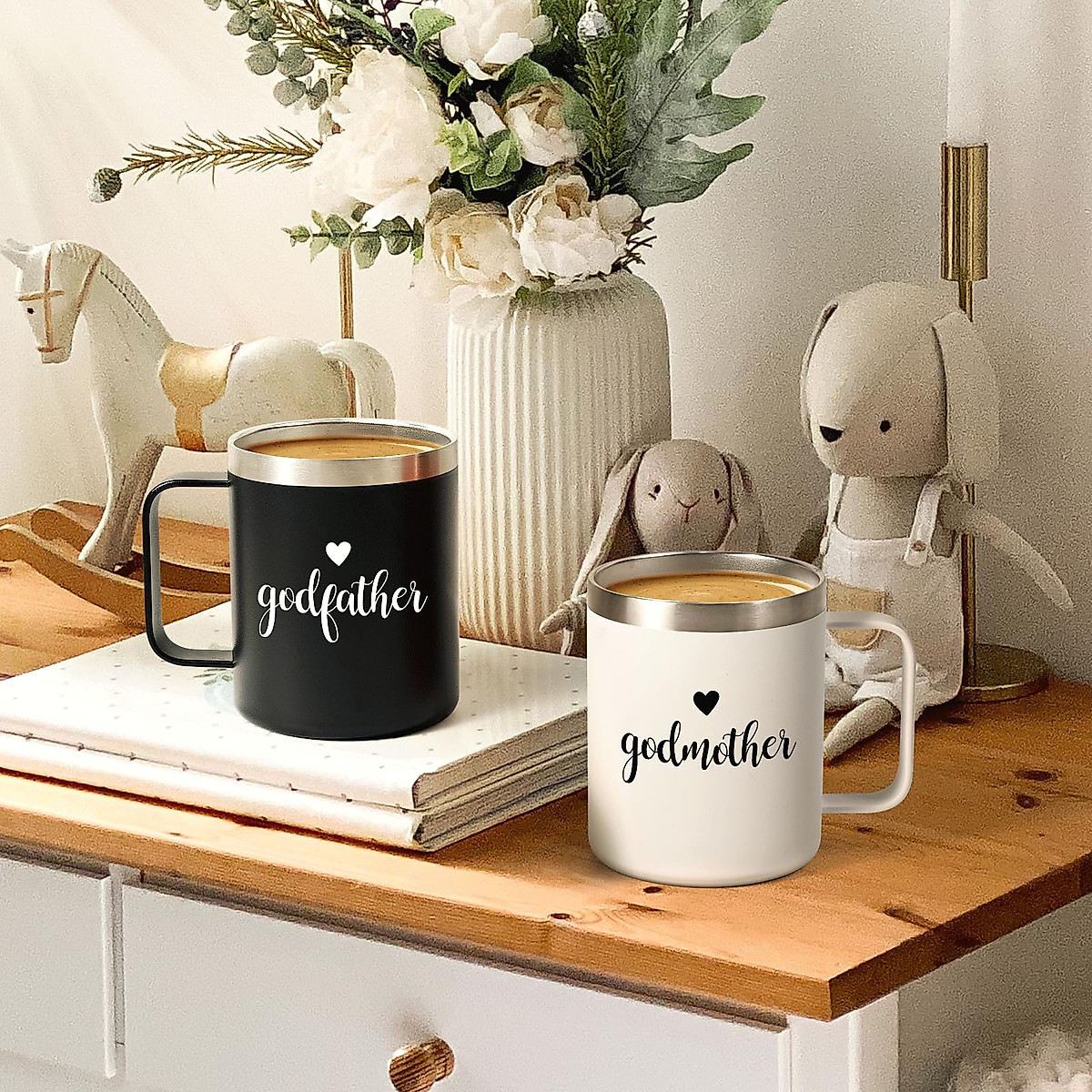 LiqCool Godparents Proposal Gift, Godmother & Godfather Mug Set with Keychain, Godparents Gift for Godmother Godfather, Will You be My Godparents Proposal, Christmas Baptism 12 Oz Black & White
