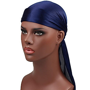 Men Silk Durag Long Straps Bandanas for Men Headwear Waves Cap (Navy)