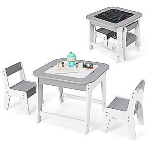 INFANS Kids Table and Chair Set, 3 in 1 Wooden Activity Table with Removable Tabletop, Blackboard and Whiteboard for Toddlers Arts Crafts Drawing Reading Playing, Playroom Nursery