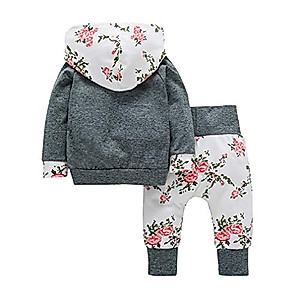 MINKIDFASHION Baby Girls Clothing Sets Flowers Long Sleeve Hoodie Tops Pants Outfit (Gray, 2T-3T)