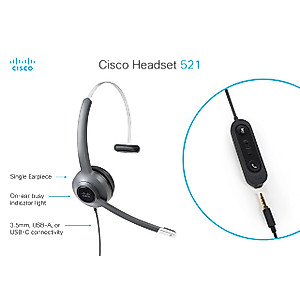 CISCO Headset 521, Wired Single On-Ear 3.5mm Headset with USB-A Adapter, Charcoal, 2-Year Limited Liability Warranty (CP-HS-W-521-USB=)