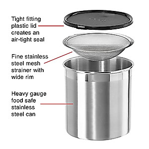 Oggi Stainless Steel Jumbo Grease Container with Removable Strainer and Snug Lid. Perfect container for fryer oil, bacon drippings, lard and ghee oil. Large capacity can - 1 Gall / 4 Qt / 3.75 Lt