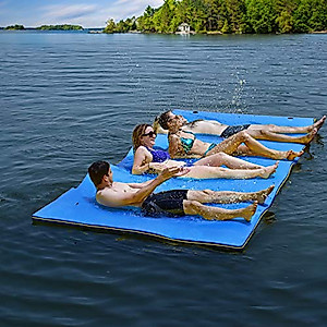 GYMAX Floating Water Pad, 9'/18' x 6' Water Foam Mat with Rolling Pillow, 3-Layer Floating Island for Pool River Lake Beach Ocean Water Activities (Blue, 9 Feet)
