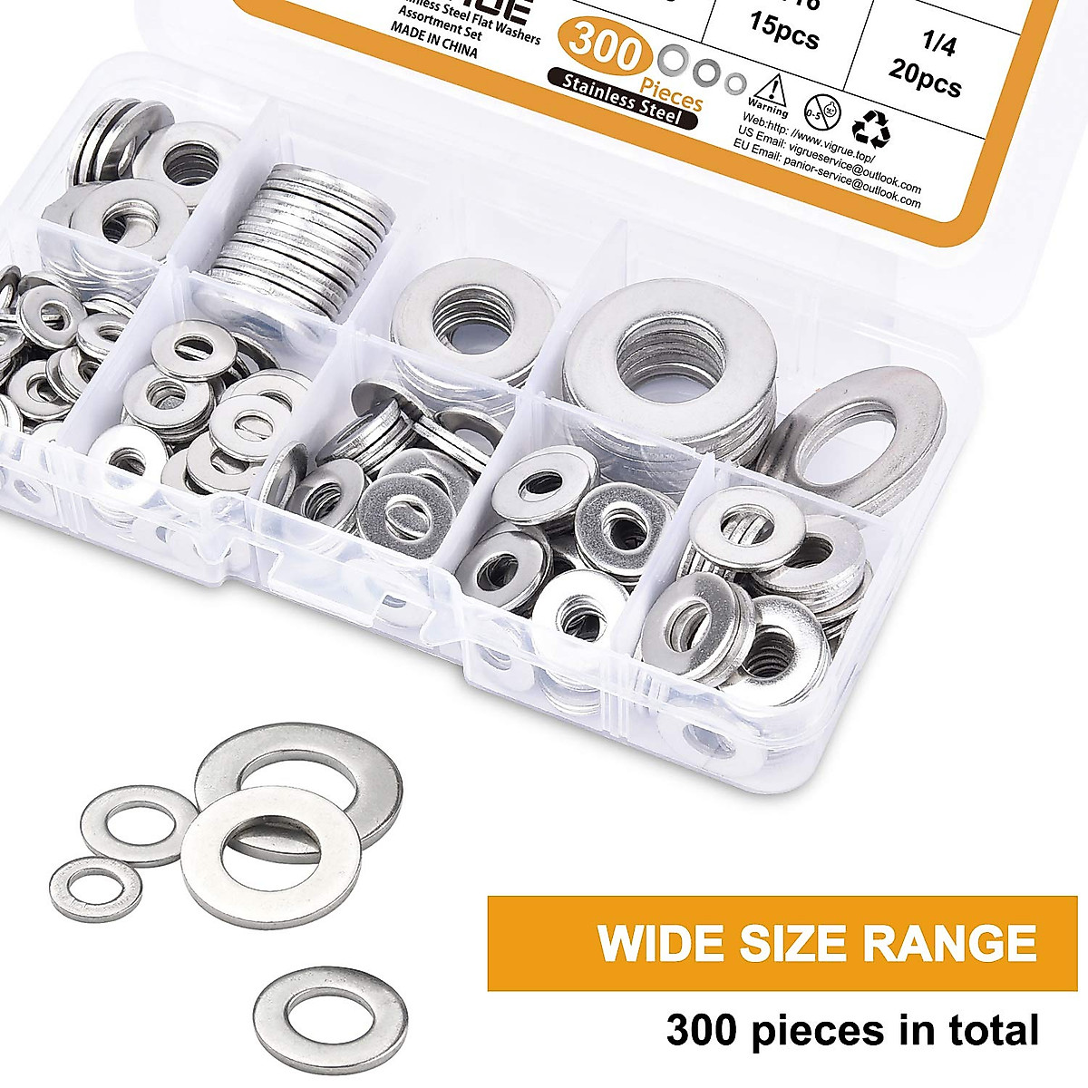 VIGRUE 304 Stainless Steel Flat Washers Assortment Washers Hardware Set 300pieces,8Sizes 1/2" 3/8" 5/16" 1/4" 12# 10# 8# 6#