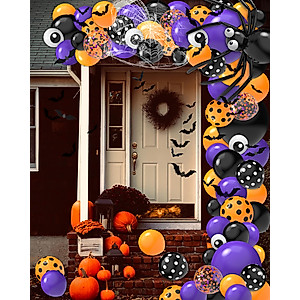 Gojmzo Halloween Balloon Garland Arch Kit, Purple Orange and Black Confetti Balloons with Spider Web Bats for Halloween Party Decorations, Halloween Decorations Indoor Outdoor