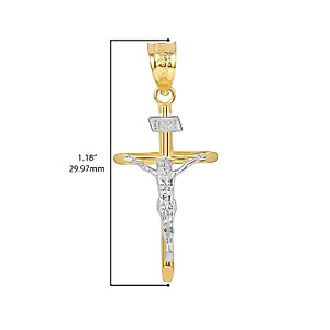 Solid 10k Two-Tone Gold Cross Charm INRI Crucifix Pendant (1.18")