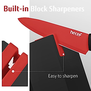 hecef 13 Pieces Kitchen Knife Set with Built-in Sharpening Wooden Block, High Carbon Stainless Steel Knife Block Set with Steak Knives, Kitchen Scissors, Red