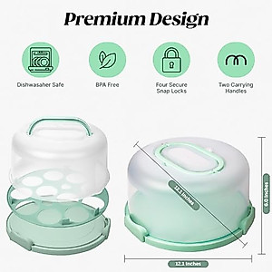 Plastihut Cake Carrier With Lid and Handle – All In 1 Multipurpose Cake Storage Container Fits 10" Cake, 11 Cupcakes & A Cake Plate Serves as 5 Section Serving Tray for Snacks & Fruit - Mint