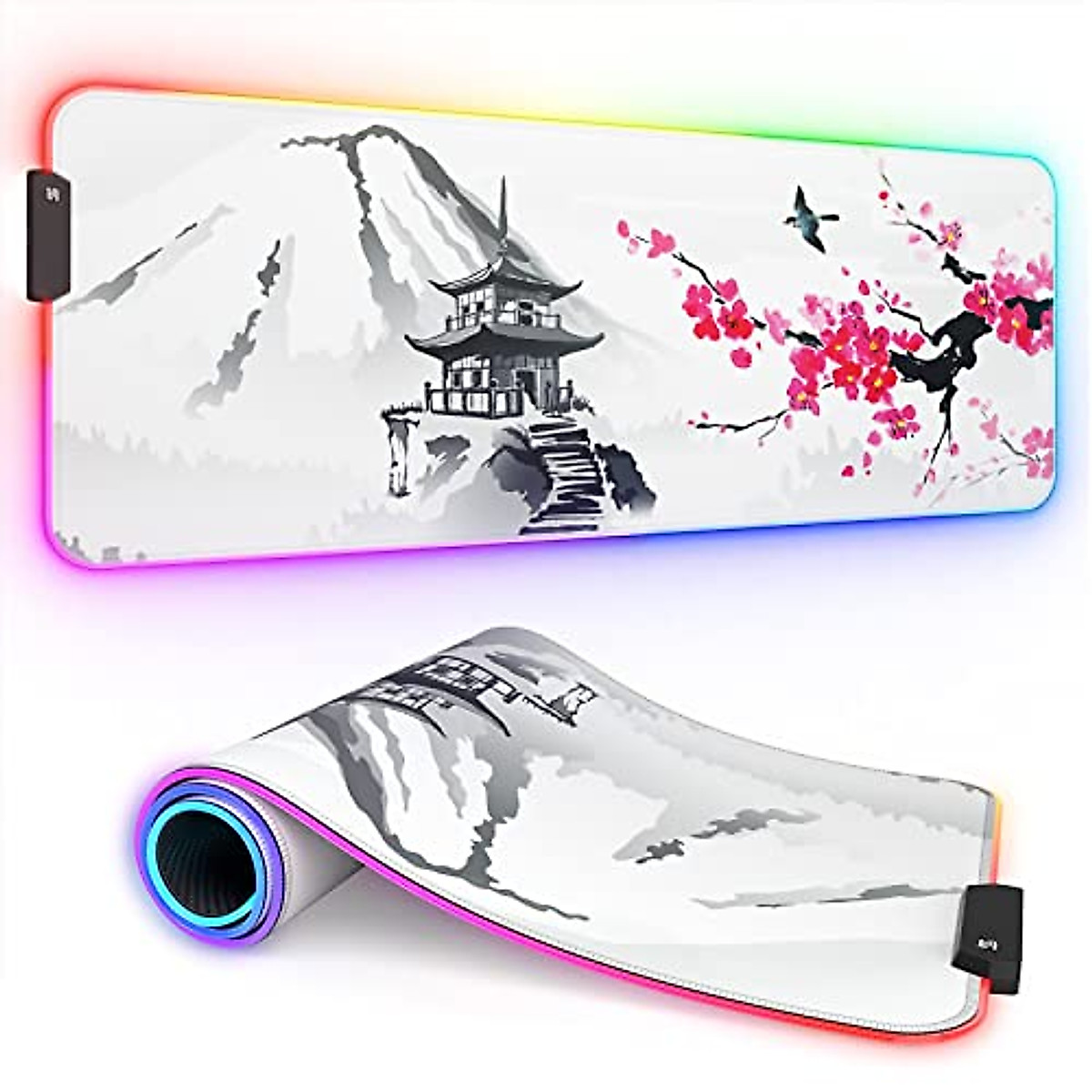 ITNRSIIET RGB Gaming Mouse Pad, Full Desk XL Extended Large Gaming Mousepad, 12 Lighting Modes 30% Thicker Big LED Desk Mat for Gamers, 32 x 12 inches, Japanese Mount Fuji Sakura