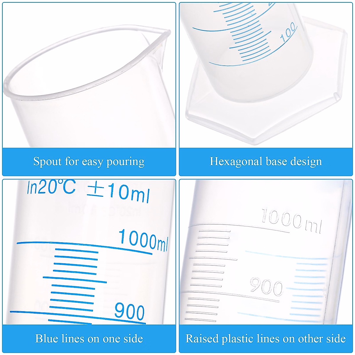 Bekith 4 Pack 1000ml Plastic Graduated Cylinder with Stable Base, Plastic Measuring Cylinder 2-Sided Marking Lab Cylinders, Clear Measuring Cylinder for Science Projects, Laboratory Supplies