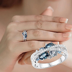 SuanlaTDS Women Fashion Double X Diamond Ring,Women Ring Retro Creative Hollow Sea Blue Zircon Ring Gift