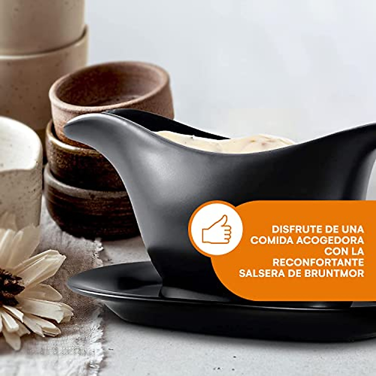 Bruntmor 11 Oz Black Ceramic Gravy Boat With Tray, 11 Ounce Small Ceramic Serving Dish, Dispenser with Tray For Sauces, Dressing and creamer, Gravy Boat With Saucer For Thanksgiving And Christmas