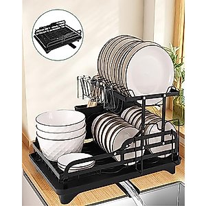 YUSHINDI 2 Tier Collapsible Dish Drying Rack for Kitchen Counter，Stainless Steel Dish Racks ，Space-Saving & Multipurpose，Dish Rack for Kitchen Counter with Utensil Holder,， Large-Capacity, Black