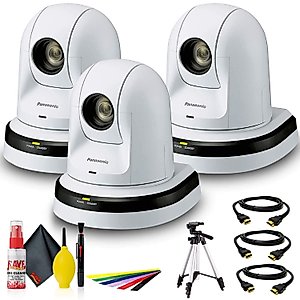 Panasonic AW-HE38W 22x Zoom PTZ Camera with HDMI Output (White) (AW-HE38HW) + Full-Size Tripod + Deluxe Cleaning Kit + 3 x HDMI Cables + Tie Straps -3 Camera Bundle