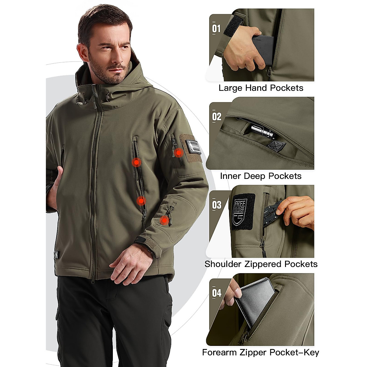 FREE SOLDIER Men's Outdoor Waterproof Soft Shell Hooded Military Tactical Jacket　(Green XX-Large/US)