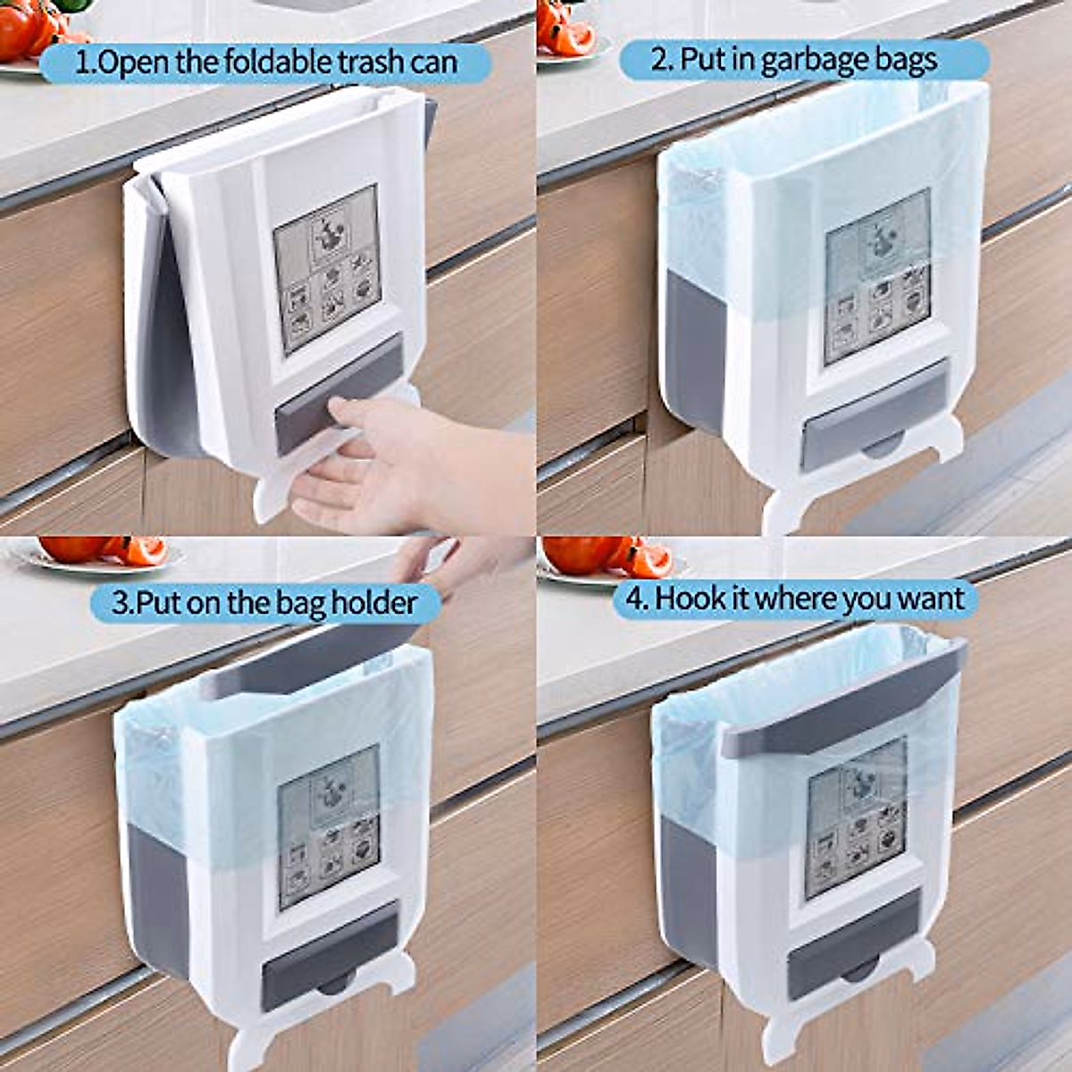 HI NINGER Hanging Kitchen Trash Can, Foldable Waste Bin for Kitchen, Collapsible Hang Small Plastic Garbage Can 2.4 Gallon for Cabinet/Car/Bedroom/Bathroom-Grey