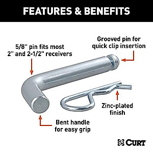 CURT 21582 Trailer Hitch Pin & Clip with Grooved Head, 5/8-Inch Diameter, Fits 2 or 2-1/2-Inch Receiver, Clear ZINC