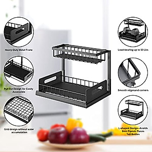 Under Sink Organizers,2-Tier Under Sink Organizers and Storage,Drill-Free Rustproof Stainless Steel Pull Out Shelf with Non-Slip Feet for Kitchen Bathroom, Black