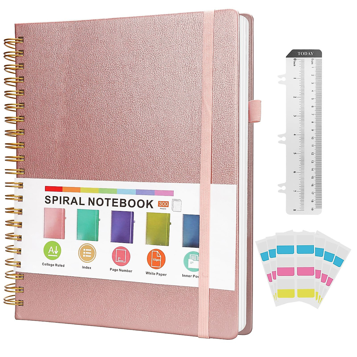 GuanQiao Spiral Notebook,8.5 x 11 College Ruled Notebooks for Work/Note Taking, Leather Hardcover Writing Journal for Women/Men,300 Pages A4 Lined Meeting Notebook for School Office,Rose gold