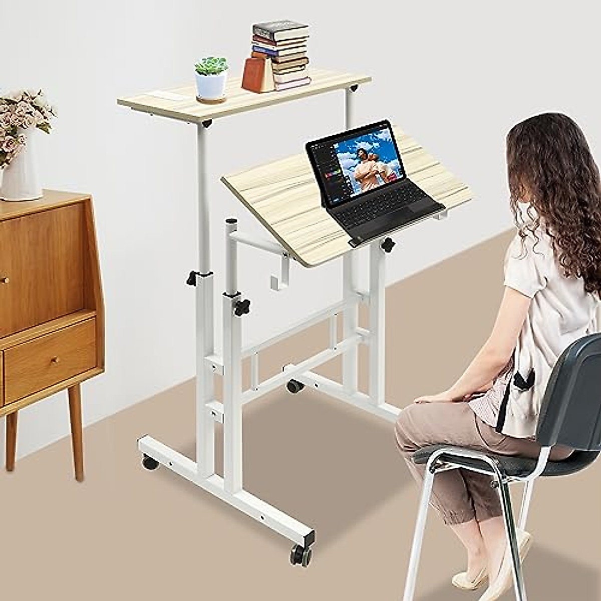 PaNeTnya Mobile Stand Up Desk,Adjustable Laptop Desk with Wheels,Standing Desk with USB Ports and Outlets,Office Desk Rolling Computer Desk Ideal for Home Office use (Oak)