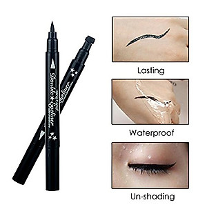 MIOBLET 1PC Super Double-headed Black Liquid Eyeliner Pencil Pen Waterproof Star Heart Moon Flower Shape Seal Stamp Tattoo Eyes Liner Makeup (Star Seal)