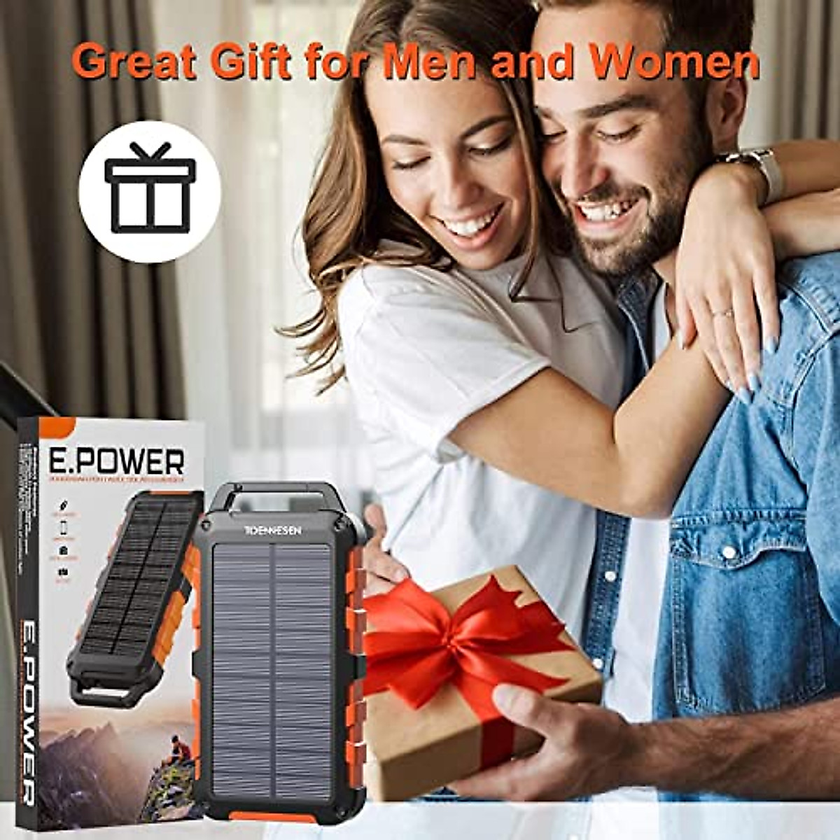 TOENNESEN Solar Power Bank 20000mAh, Portable Solar Charger Power Bank with Dual USB Output and 10 Strong LED Flashlights, IPX4 Waterproof Solar Phone Charger for iPhone, Samsung, iPad