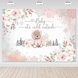 Avezano Winter Bear Baby Shower Backdrop for Girls Baby It's Cold Outside Party Decorations Photography Background We can Bearly Wait Pink Snowflakes Baby Shower Photoshoot (7x5ft)
