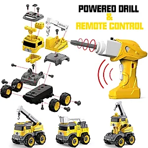 Take Apart Toys with Electric Drill with Remote Control Function 6 in 1 Take Apart Construction Toys Trucks Toy Drills, Gift Toys for 3,4,5,6,7, 8 Year Old Boys Girls Kids