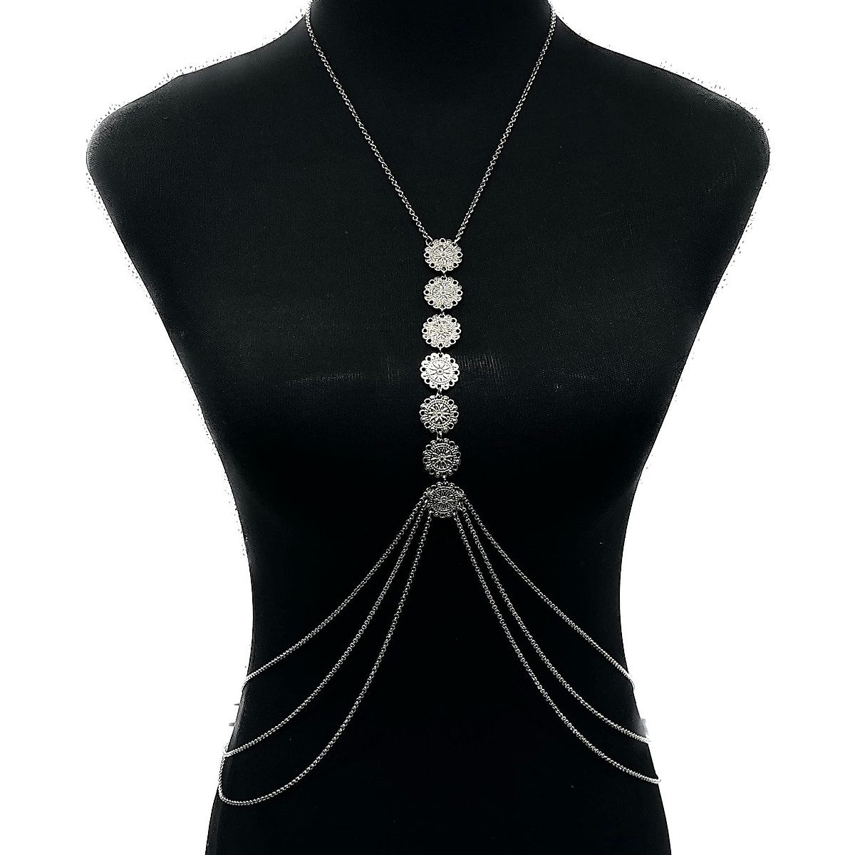 Vintage Fashion Simple Metal Chest Chain Carved Flower Plate Beach Bra Chain Back Chain Necklace Women's Party Holiday Jewelry (silvery)